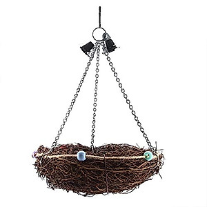 Birds Nest, 2 Sizes Rattan Birds Parrot Straw Nest Swing Hanging Toy with Bells Toys(27 * 20cm)