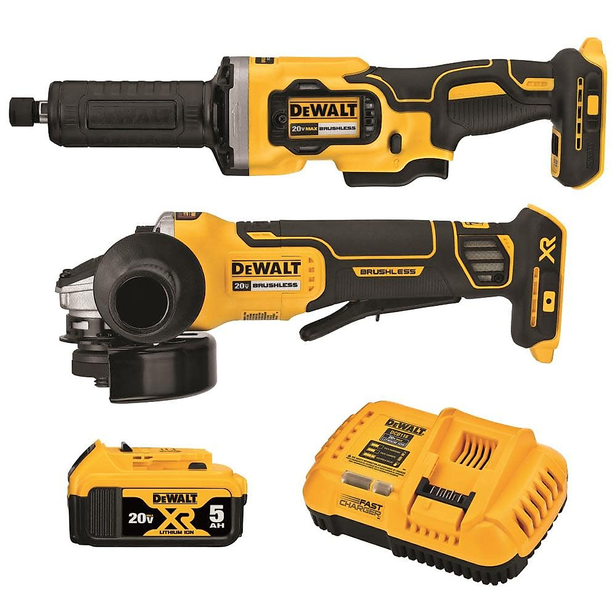 DEWALT 20V MAX Angle Grinder and Die Grinder, Cordless 2-Tool Set with Battery and Charger (DCK203P1), Yellow,white