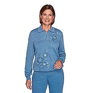 Alfred Dunner Women's Cozy Heather Floral Spliced Quilt Pattern Long Sleeve Half Zip Knit TopX-Large Denim