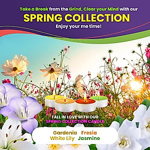 Spring Candles for Home Scented Tea Lights Candles - Spring Candle Set of 64 - Gardenia, Freesia, White Lily, Jasmine - 3-4 Hour Extended Burn Time - Spring Candles for Home, Holiday, Wedding & Party