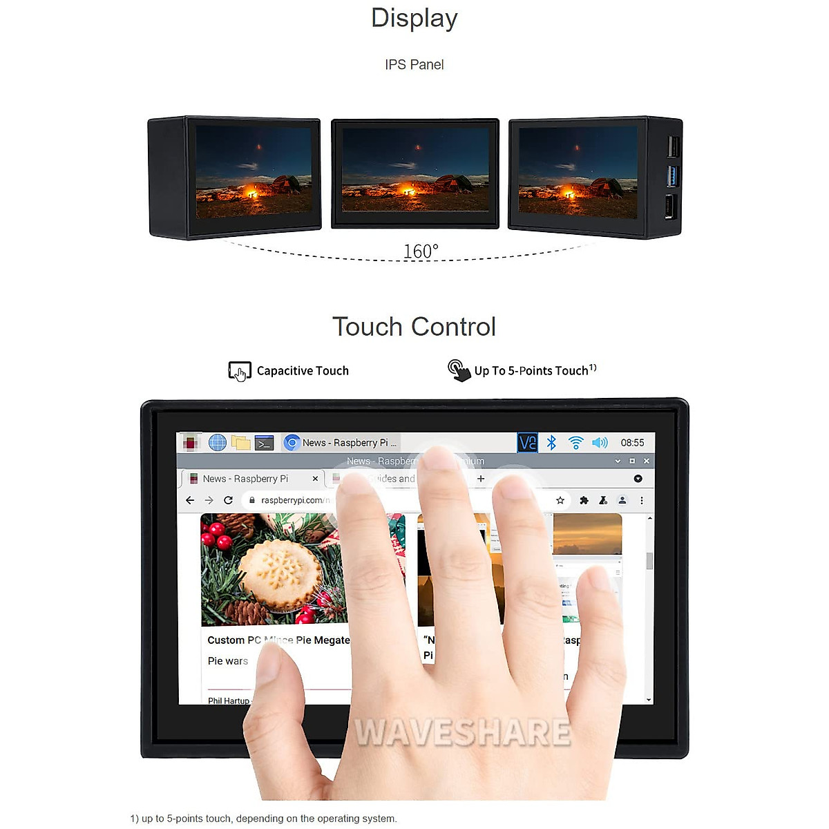 Waveshare 4.3inch Capacitive Touch Display Compatible with Raspberry Pi 4B Comes with Protection Case 800×480 Resolution IPS Wide Angle MIPI DSI Interface