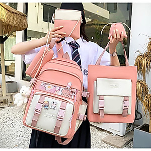 KOVPIFB Kawaii Backpack Cute Style 5 PCS Backpack Set,Cute Plush Pendants & Pins Aesthetic School Bags for Teen Girls Pink