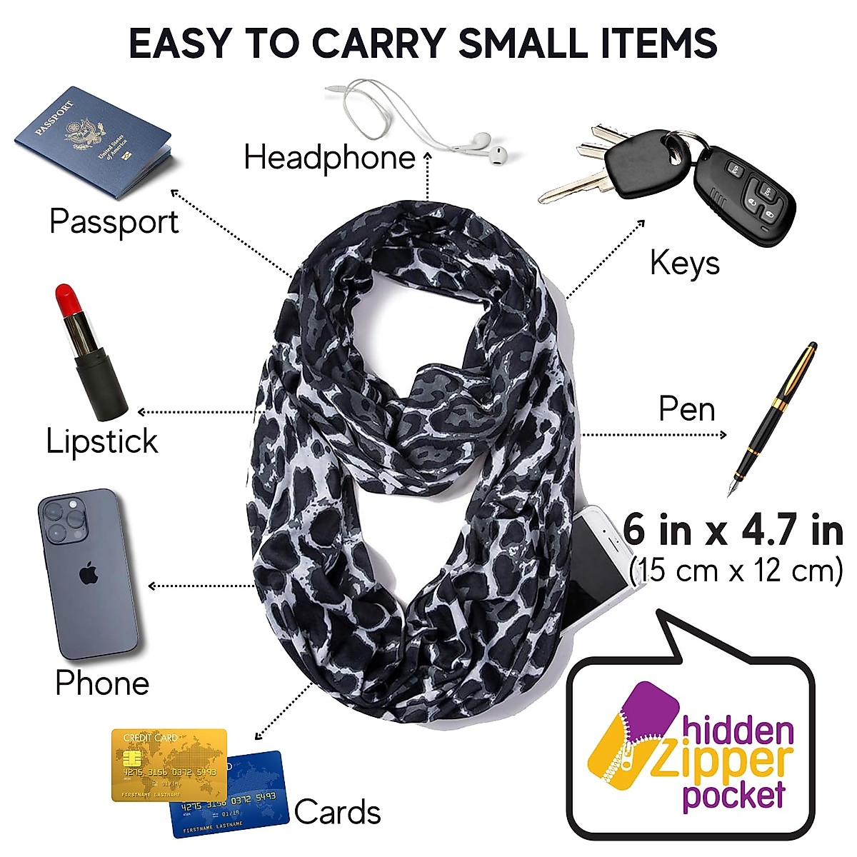 elzama Infinity Loop Jersey Scarf with Hidden Zipper Pocket, Leopard Printed Patterns for Women, Travel Wrap for Fall Winter, Black