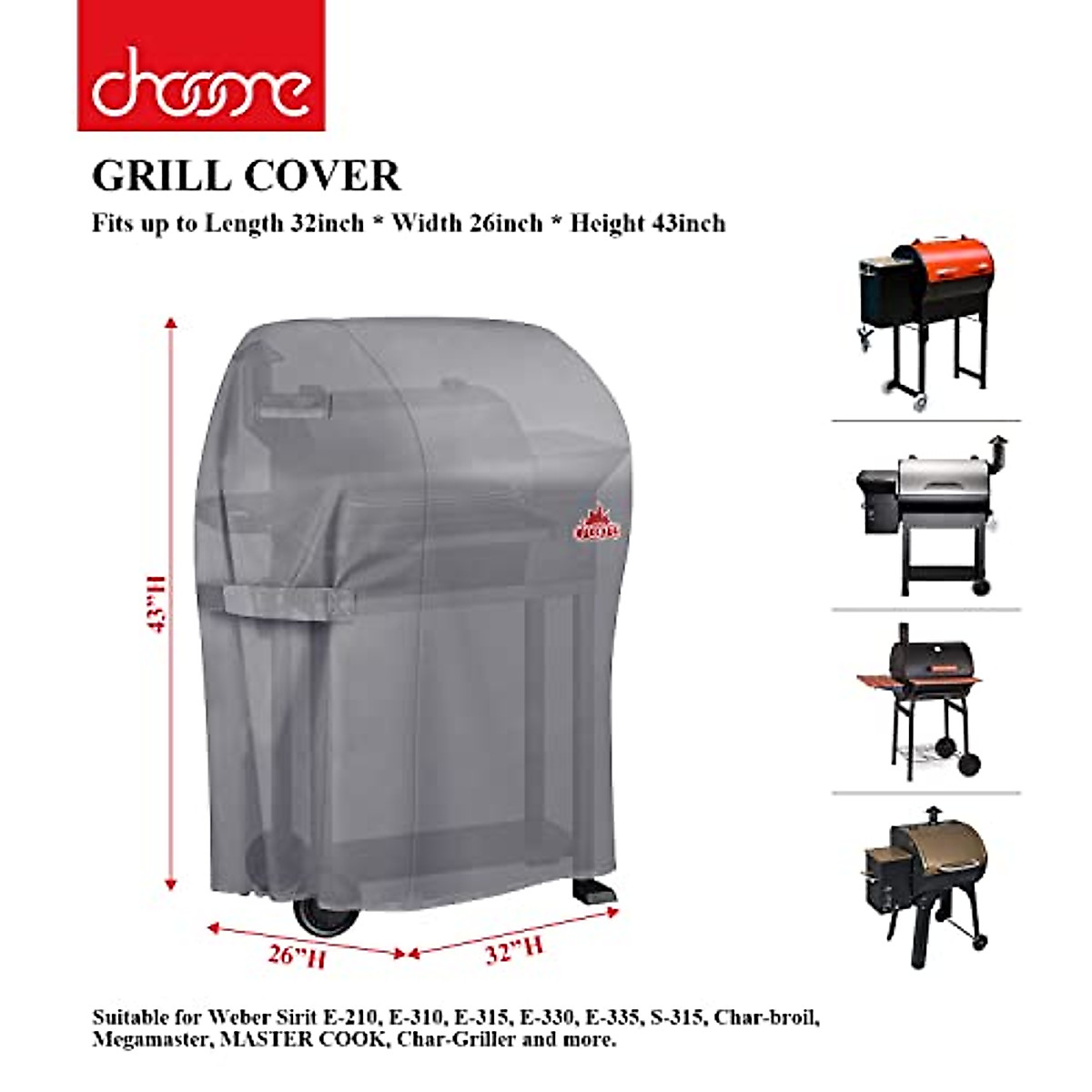 Chooone 32 Inch Grill Cover, Heavy Duty Waterproof Barbecue Gas Grill Cover, Windproof, UV and Fade Resistant, 600D BBQ Grill Cover for Weber Brinkman Char-Broil and More, Grey