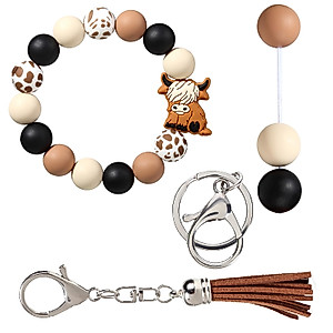 Nabegum Cow Print Silicone Beaded Bracelet Keychain Wristlet Key Ring Bangle Chains Western Highland Stuff Gifts for Women with Leather Tassel (Brown)