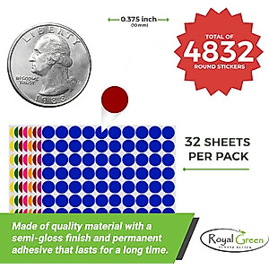 Royal Green Kids Colored Round Dots 3/8 “ inch 8 Colors - 32 Sheets - 10mm - Arts, Crafts, Fun and Games Stickers - 4832 Pack