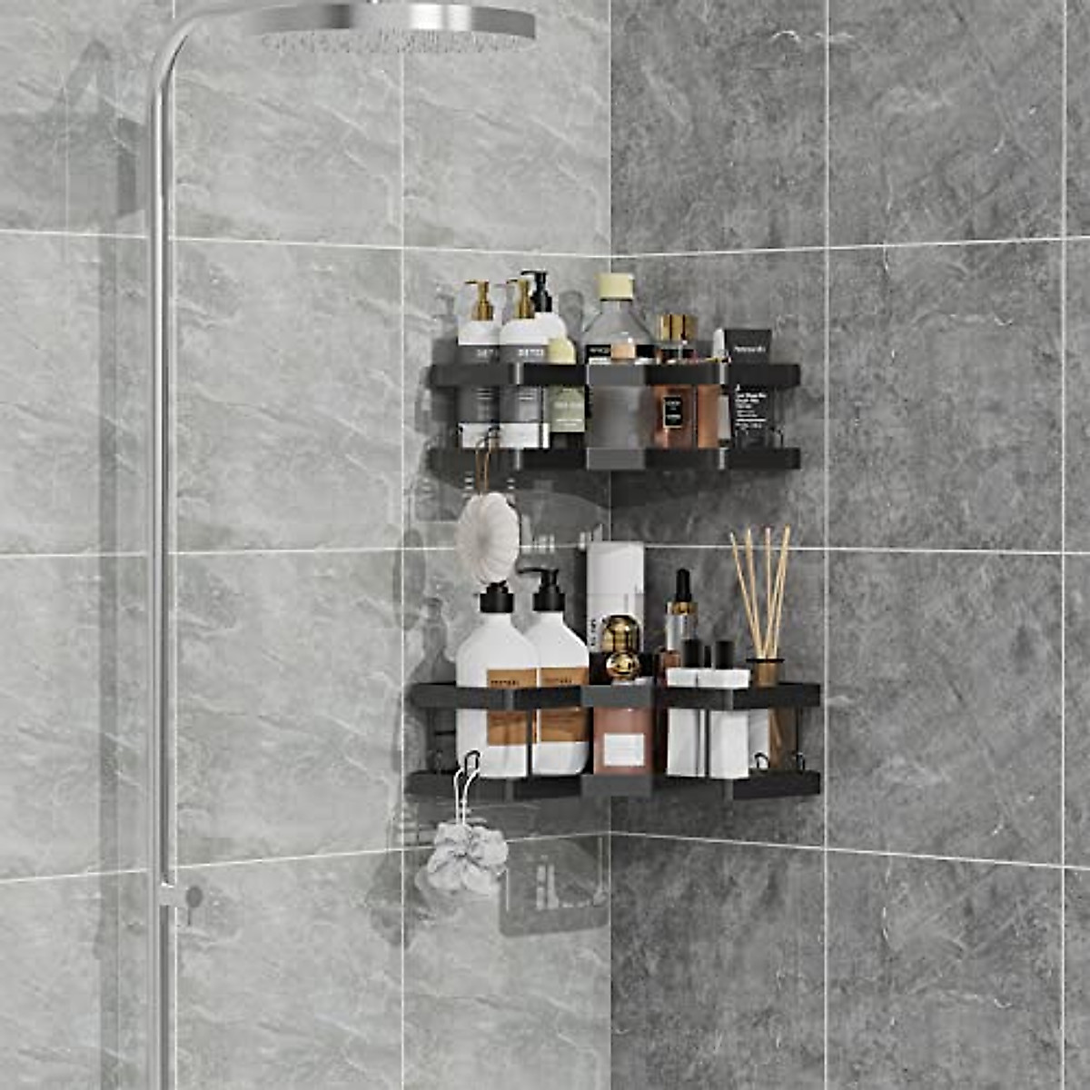 Corner Shower Caddy No Drilling,Shower Organizer Corner,Strong Adhesive Shower Shelves,Metal Bathroom Organizer Shower with Hooks,Shower Wall Caddy Waterproof,Rustproof Black 2 Pack