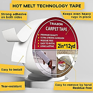 Carpet Tape Double Sided - Rug Tape Grippers for Hardwood Floors and Area Rugs - Carpet Binding Tape Strong Adhesive and Removable, Heavy Duty Stickers Grip Tape, Residue Free (2 Inch / 12 Yards)