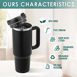 PIMDIR 40oz Tumbler with Handle Straw Lid, Stainless Steel Vacuum Insulated Reusable Travel Mug Keep Drinks Cold Ice Gym Cup, Gifts for Women Men Lovers, Car Holder Friendly, Black