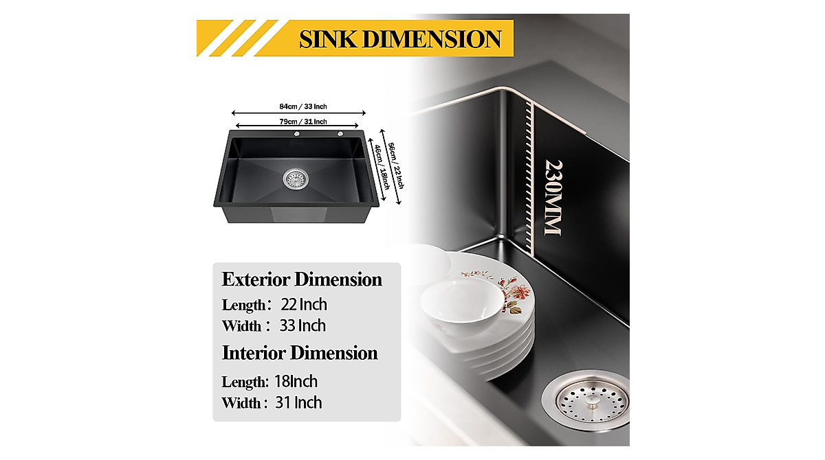 Black Stainless Steel Kitchen Sink 33x22x9 Inch - Complete Combo