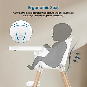 Bellababy Baby High Chair, Classic Wooden Baby High Chair for Babies & Toddlers, 5-Point Harness, Removable Tray, Ergonomic Seat Back, Easy to Assemble and Clean, Lightweight, White