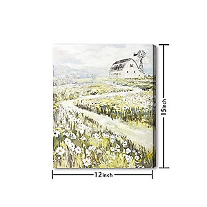 Hi.I.U.88 Rustic Wall Decor Old White Barn Canvas Art Painting with Windmill Bathroom Deco Pictures for Farmhouse Bedroom Framed Ready to Hang (Green, 12X15In), 12X15In