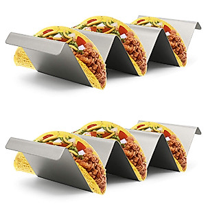 2 Pack Taco Holder Stand with Handles - Stainless Steel 4”x8” Taco Rack Holds up to 3 Tacos Each, Oven, Grill and Dishwasher Safe, Easy to Fill, Great Presentation on Plate