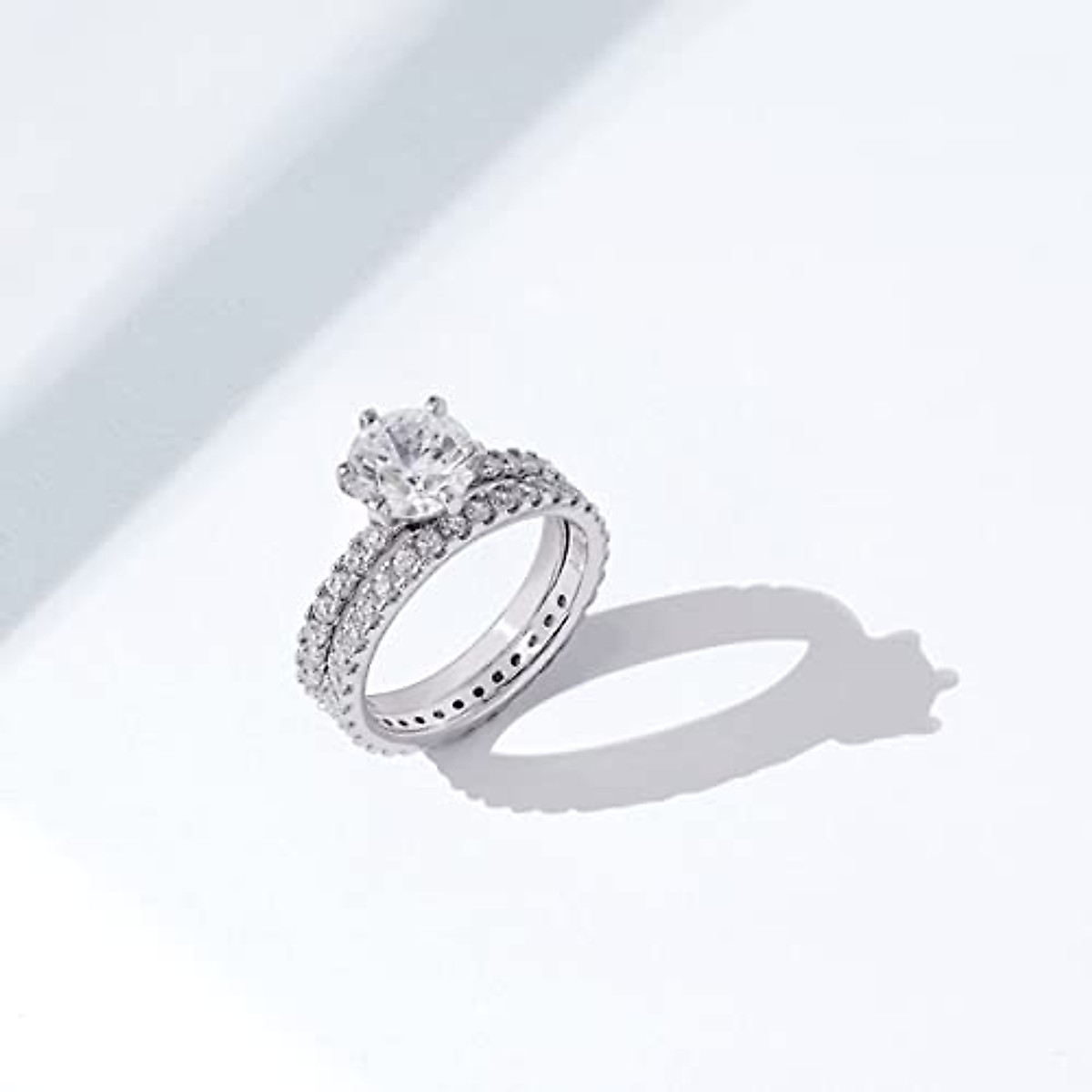 Amazon Essentials Platinum-Plated Sterling Silver Round Ring Set made with Infinite Elements Cubic Zirconia (1 Carat Center Stone), Size 6 (previously Amazon Collection)