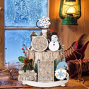 Qunclay Christmas Winter Tiered Tray Decor Wooden Signs Snowman Snowflake Wood Blocks Winter Farm Directional Sign Rustic Tabletop Signs Farmhouse Tiered Tray Decorations(Snowman Style, 12 Pcs)