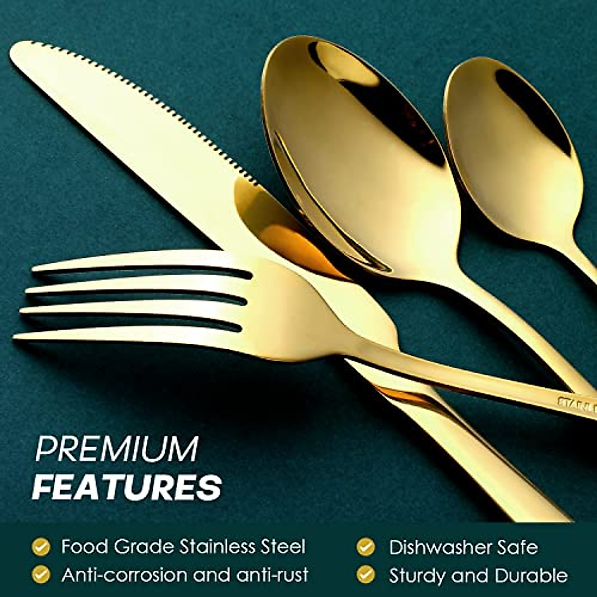 Gold Silverware Set, OGORI 24-Piece Gold Forged Stainless Steel Flatware Set, Service of 6