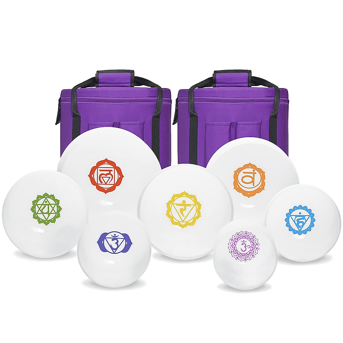 440HZ 6"-12" Set of 7 Paternoster Frosted Quartz Crystal Singing Bowls with 2 Pcs Carrier Bags