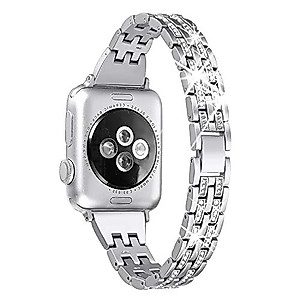 Secbolt Bling Bands Compatible with Apple Watch Band 38mm 40mm 41mm Women iWatch SE Series 8 7 6 5 4 3 2 1, Dressy Jewelry Metal Wristband Strap Diamond Rhinestone, Silver