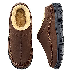 FLYFUPPY Men's Moccasin Slippers Fluffy Lining Microsuede Upper for Indoor/Outdoor Cozy Comfort Brown Size 12