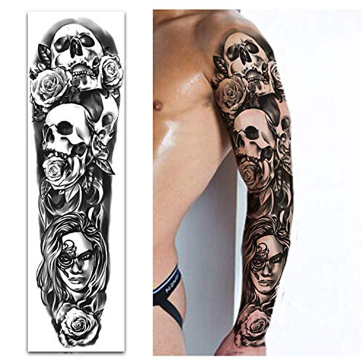 Full Arm Temporary Tattoos 8 Sheets and Half Arm Shoulder Waterproof Tattoos 8 Sheets, Extra Large Tattoo Stickers for Men and Women (22.83"X7.1")