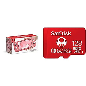 Nintendo Switch Lite - Coral with SanDisk 128GB microSDXC UHS-I Card, Licensed for Nintendo Switch