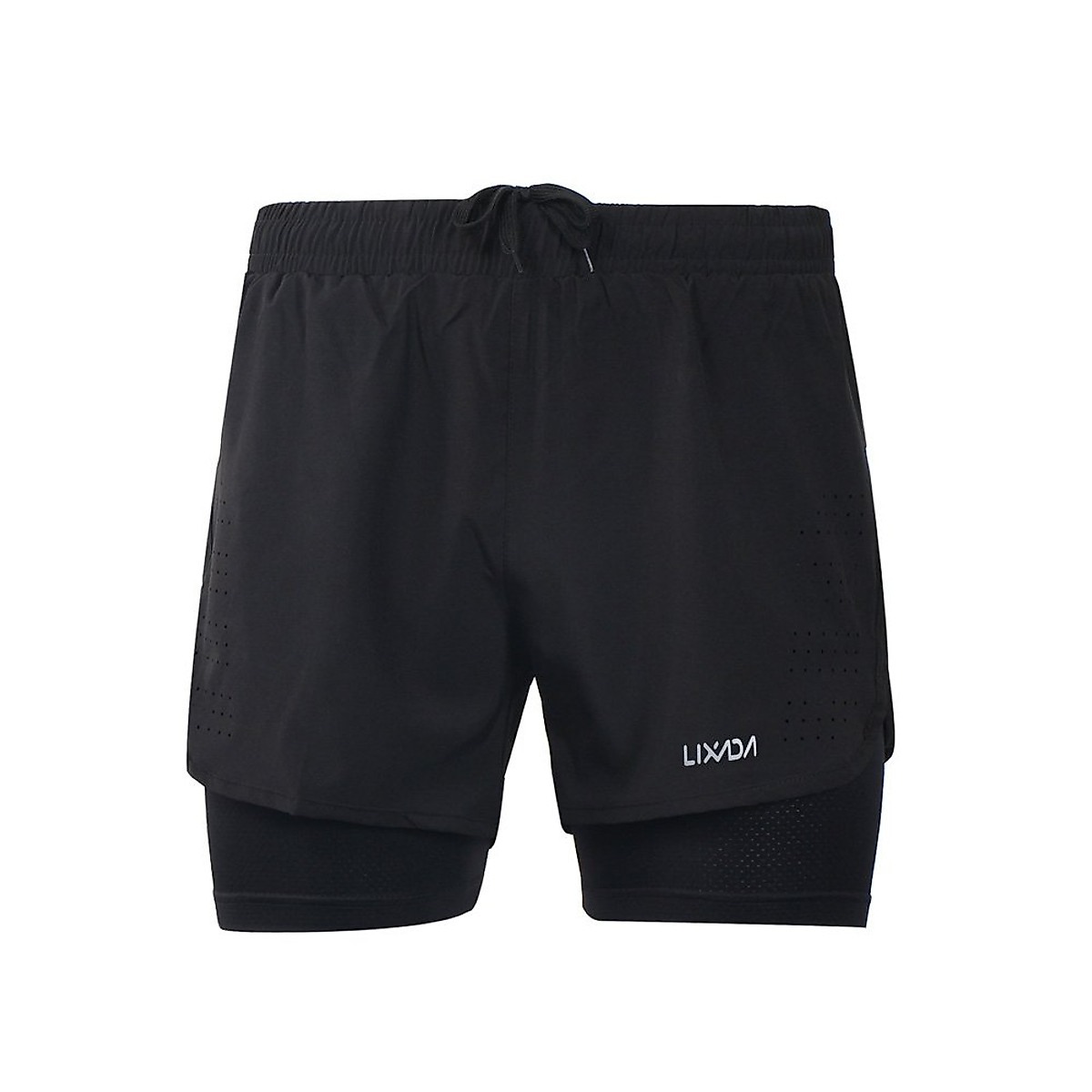 LIXADA Men's 2-in-1 Running Shorts Quick Drying Breathable Active Training Exercise Jogging Cycling Shorts (Black, L)