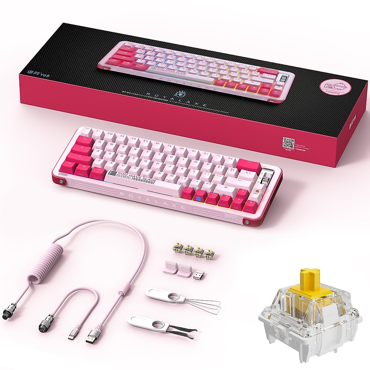 ROYALAXE Y68 TKL Wireless Mechanical Keyboard, Hot Swappable Wired/Bluetooth 5.0/2.4G Wireless Keyboard with RGB Light for Windows & Mac, PBT Keycap, Gateron G Yellow Pro Switch, Candy Pink