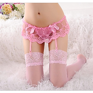 HOTSO Women Lace Garter Belt and Stockings Set Sexy Suspenders with G-String Panty Satin Bow Trim Mini Skirt Hosiery Mesh Lingerie (Pink)