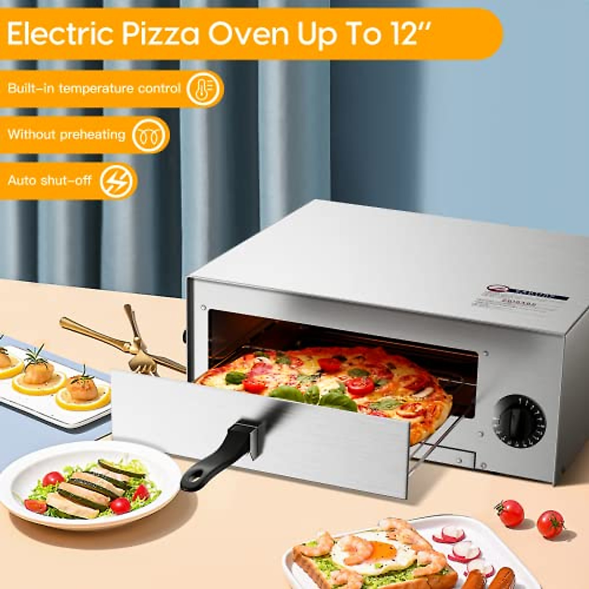 SIMOE Electric Pizza Oven, Indoor Pizza Maker up to 12", Stainless Steel Pizza Baker with Handle & Removable Tray, Pizza Baking Oven for Home with 30mins Timer
