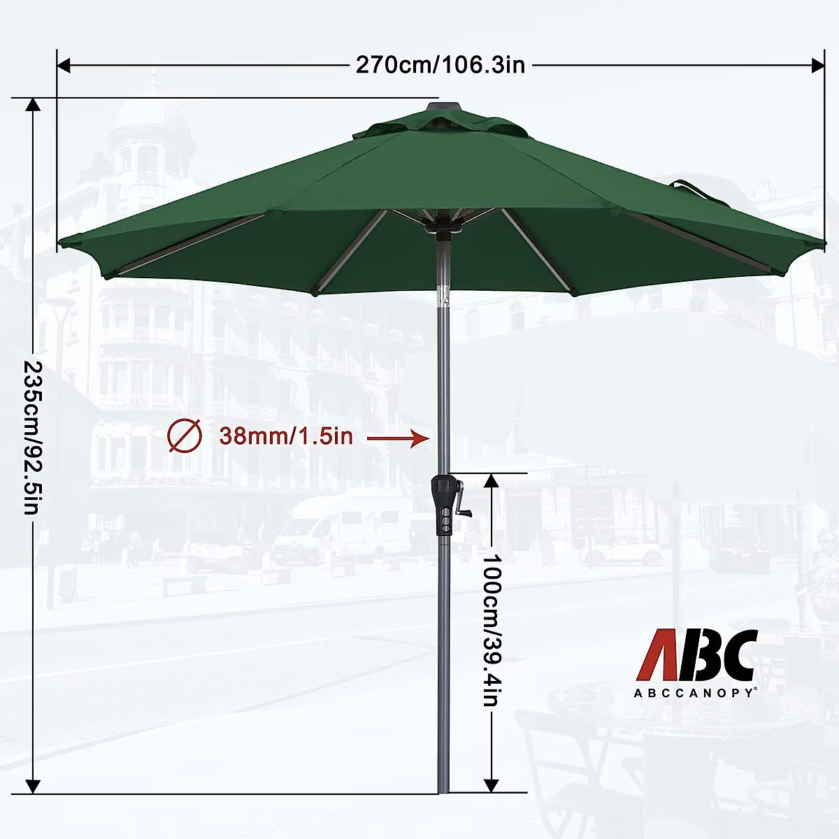 ABCCANOPY 9FT Market Umbrella 3-Year-Non-Fading OLEFIN Canopy Patio Outdoor Aluminum Table Umbrella with 8 Sturdy Ribs, Forest Green