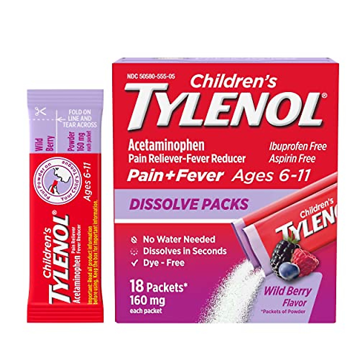 Tylenol Children's Dissolve Powder Packets with 160 mg Acetaminophen, Wild Berry, 18 ct