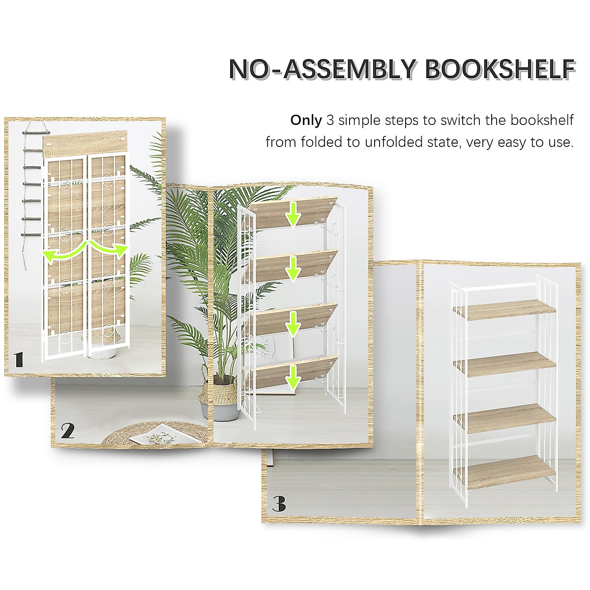 4NM No-Assembly 4 Tiers Folding Bookshelf Storage Shelves Vintage Bookcase Standing Racks Study Organizer Home Office - Natural and White
