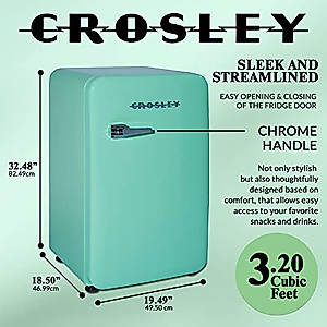 Crosley Retro Mini Fridge 3.2 Cu Ft Mint Green w/o Freezer, Compact Refrigerator for Bedroom, Garage, Office Under Desk, Undercounter, Apartment, School Dorm Fridge, Aesthetic, Small & Cute Appliances