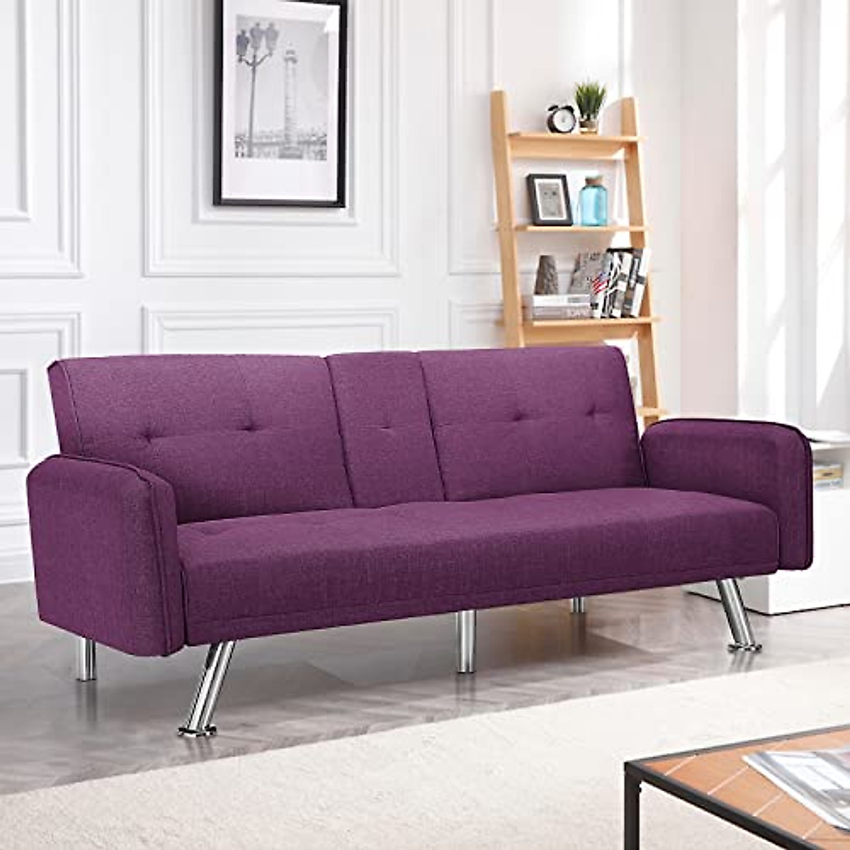 DKLGG Futon Sofa Bed Convertible Sofa Couch, Modern Loveseat Sleeper Futon Couch with 2 Cup Holders, Convertible Folding Sofa Bed Small Couch for Living Room, Bedroom, Apartment or Dorm(Purple)