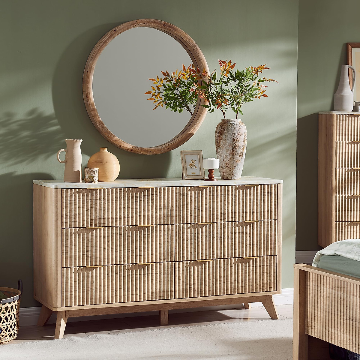 T4TREAM Fluted 6 Drawers Dresser, 54" Wide Modern Chest of Drawers with Faux Marble Top, Curved Profile Design, Dresser TV Stand, Wood Drawer Organizer for Bedroom, Living Room, Hallway, Natural Oak