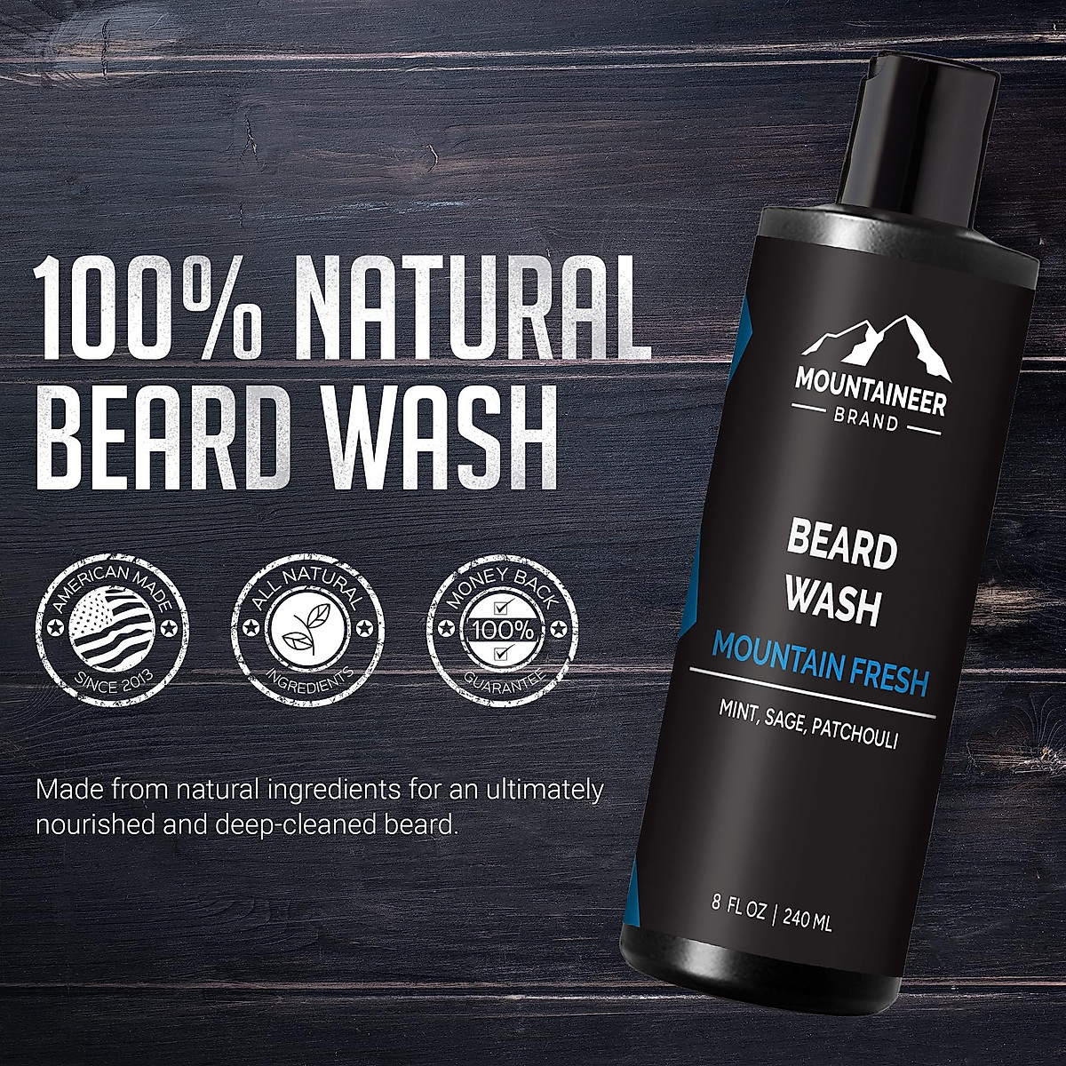 Mountaineer Brand Beard Wash For Men | 100% Natural Beard Shampoo | Thick Cleaning Softening Lather for Hair and Skin | Hydrate and Detangle | Grooming Treatment | Mountain Fresh Scent 8oz