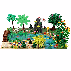 Feleph Jungle Toy Building Set MOC Garden Playset with 2 Baseplates Forest Wildlife Bridge Plants Trees Flowers Animals Cow Wetland Park Kit Block Accessories Compatible with Major Brand