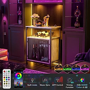 Unikito Wine Bar Cabinet with RGB Light and Outlet, FreeStanding Wine Rack Table, Liquor Cabinet with Glass Holder, Floor Bar Cabinet for Liquor and Glasses for Home Kitchen Dining Room, White Oak