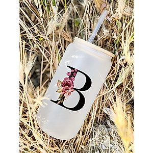 Personalized Gifts for Women, Monogrammed Frosted Glass Tumbler with Straw and Lid, Cute Customized Mug, Custom Initial Iced Coffee Glasses, Customizable Drinking Cup, Birthday Teacher Woman, M
