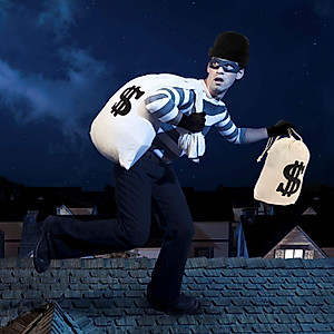 YAROMO 4 Pieces Robber Costume Set, Include Canvas Dollar Sign Money Bags Bandit Eye Mask Knit Beanie Cap for Halloween Cosplay Burglar Theme Party