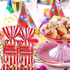 Carnival Candy Bags Circus Plastic Bags Carnival Party Treat Bags Popcorn Pattern Party Bags Goody Bags with 100 Gold Twisted Ties for Party Favor Supply Cookie Cupcake Wrapping(Simple,100 Packs)