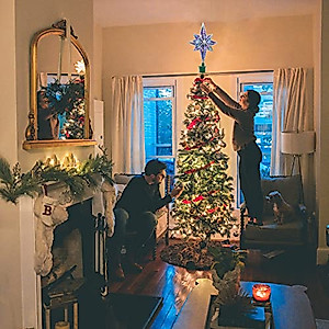 Christmas Tree Topper, Yocuby Hollow Silver Star Christmas Tree Topper Lighted with LED Rotating Magic Ripple Light for Crown Xmas Tree Topper Decoration, Wall Party Holiday Déco