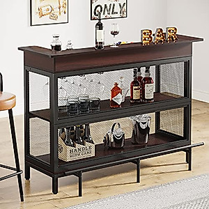 Tribesigns Industrial Home Bar Unit, 3 Tier Liquor Bar Table with Stemware Rack and Wine Storage Display Shelf, Mini Bar Cabinet with Glass Holder Footrest and Mesh Front