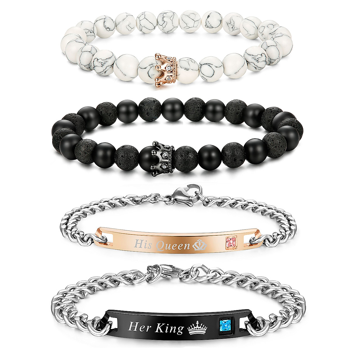 FIBO STEEL 4 Pcs Couples Bracelet for Men Women His & Her Crown Queen Bracelets Set 8mm Beads Bracelets