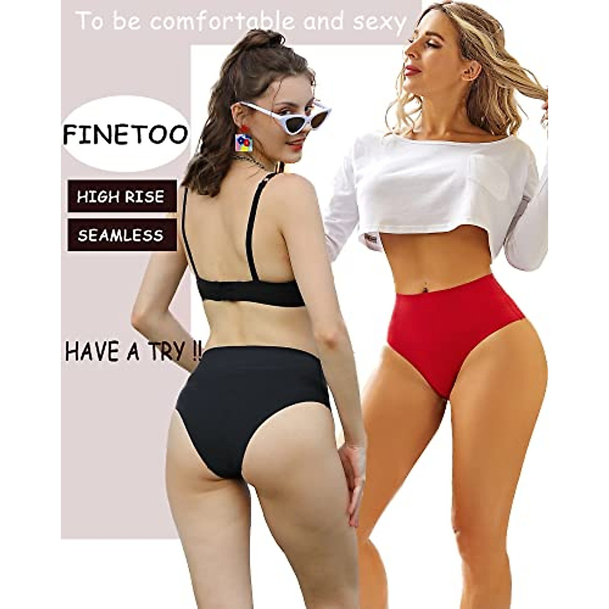 FINETOO High Waisted Underwear for Women Seamless Panties Bikini High Cut No Show Sexy Cheeky Panties 6 Pack