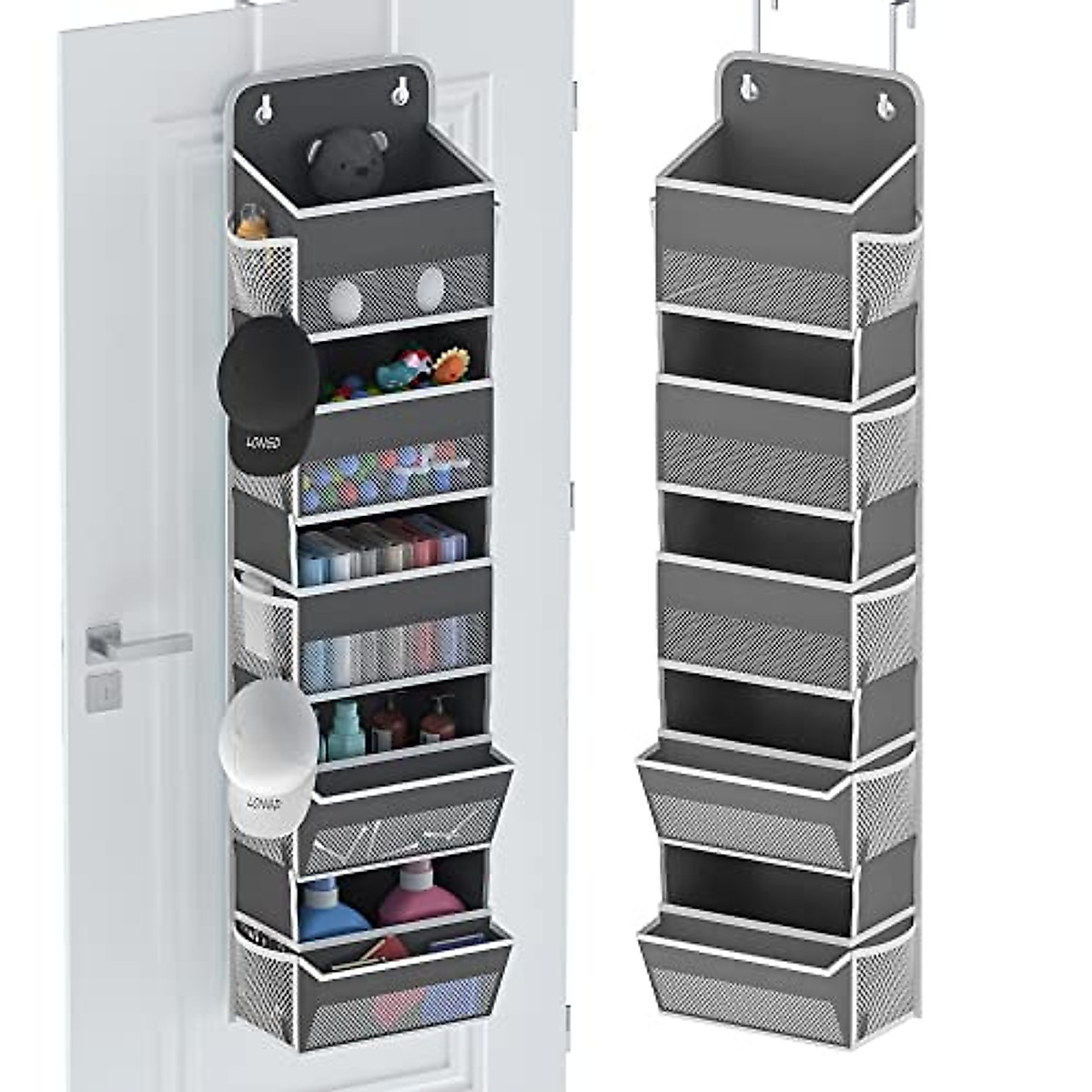LONGD Over Door Organizer, Nursery Closet Cabinet Baby Storage, Over The Door Hat Rack, 5 Pockets and 2 Grid File Pockets Hanging Storage Boxes,45 lbs. Weight Capacity, 1-Pack