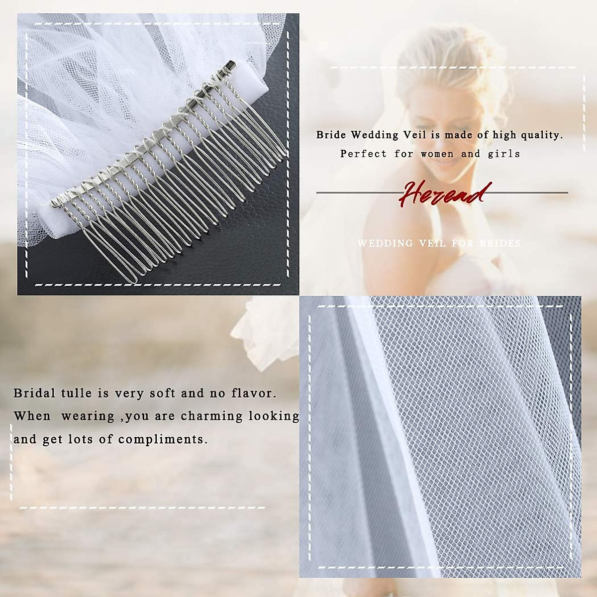 HEREAD 1 Tier Bride Wedding Veil Short Wasit Elbow Length Bridal Tulle Veils with Comb and Cut Edge (White)