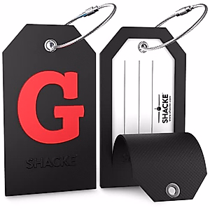 Large Luggage Tag Initial with Full Privacy Cover and Stainless Steel Loop (Black) (G)