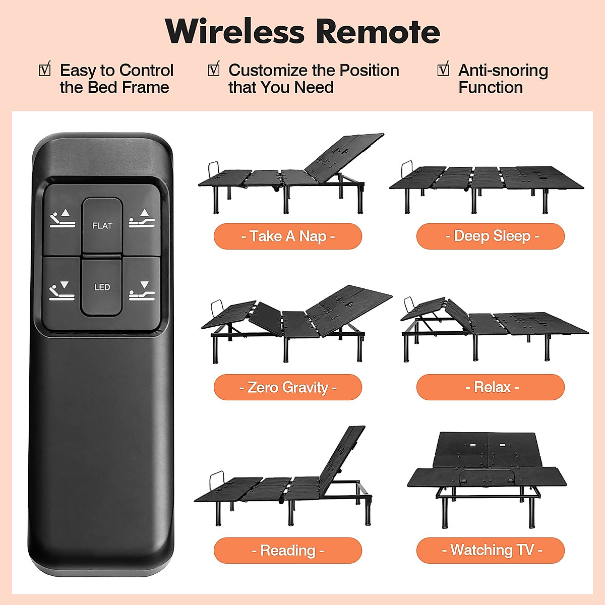 KOMFOTT Adjustable Bed Base with Remote, Electric Reclining Bed with Head & Foot Incline, LED Under-Bed Lighting and Dual USB Ports, Adjustable Bed Frame (Base Only, Queen)