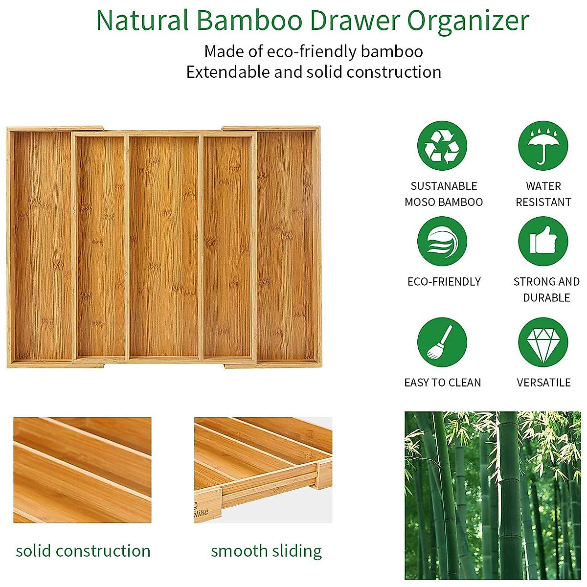 Utoplike In-drawer Knife Block Bamboo Kitchen 12 Knifes Drawer Organizer and Flatware Expandable Kitchen Drawer Organizer Set